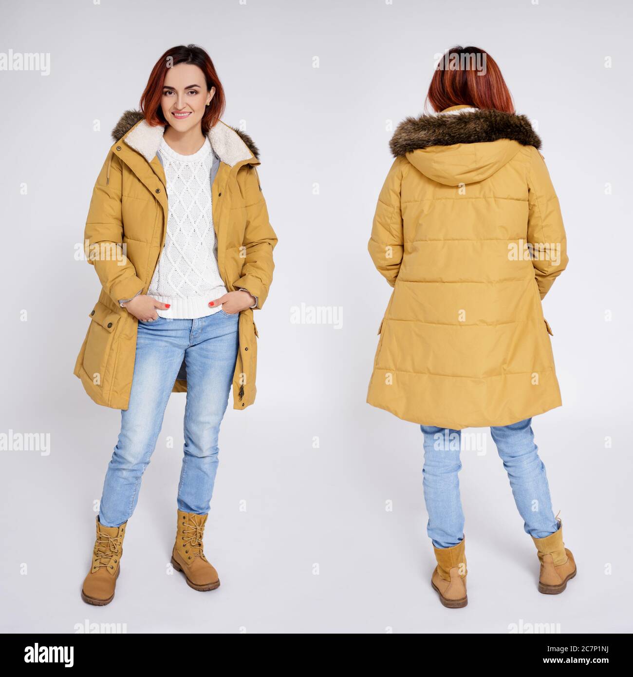 front and back view of woman in warm winter clothes posing over grey ...