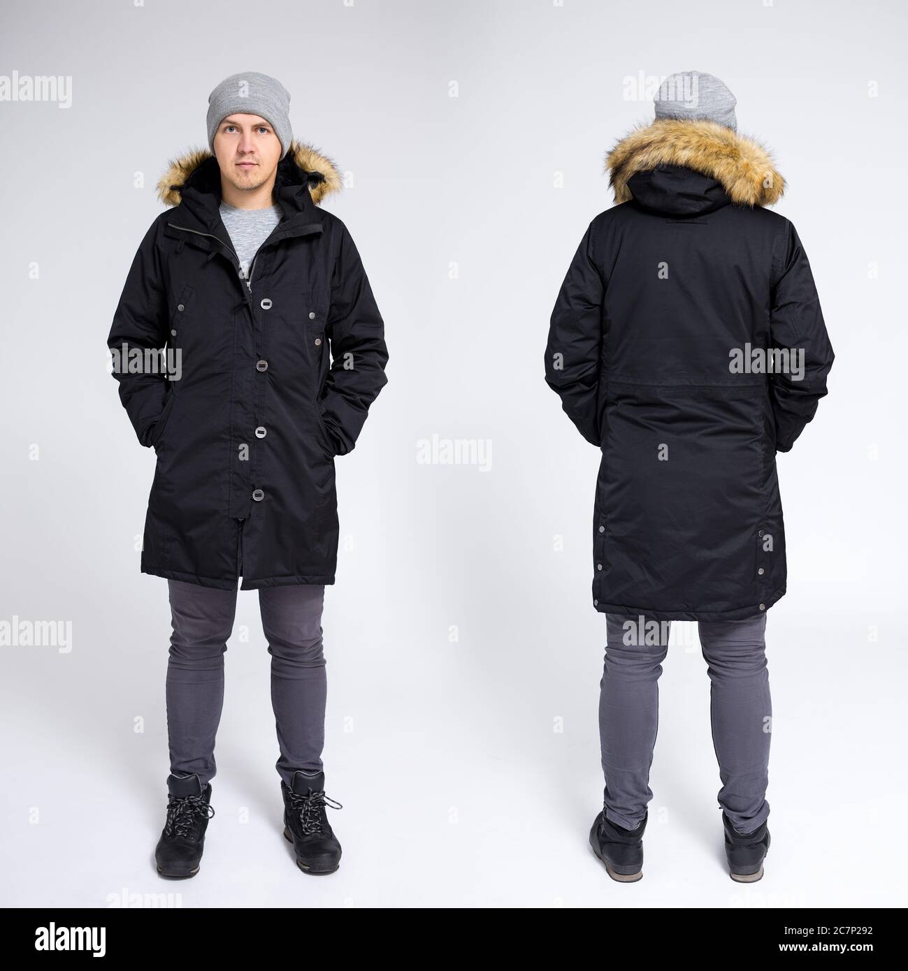 front and back view of young handsome man in warm winter jacket over ...