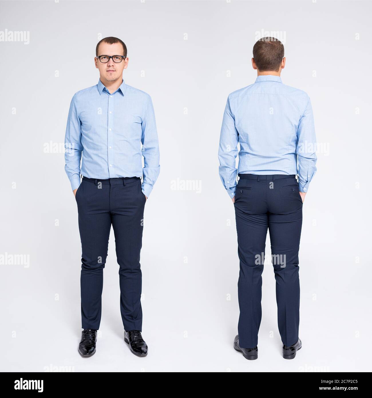 front and back view of businessman over gray background - full length ...