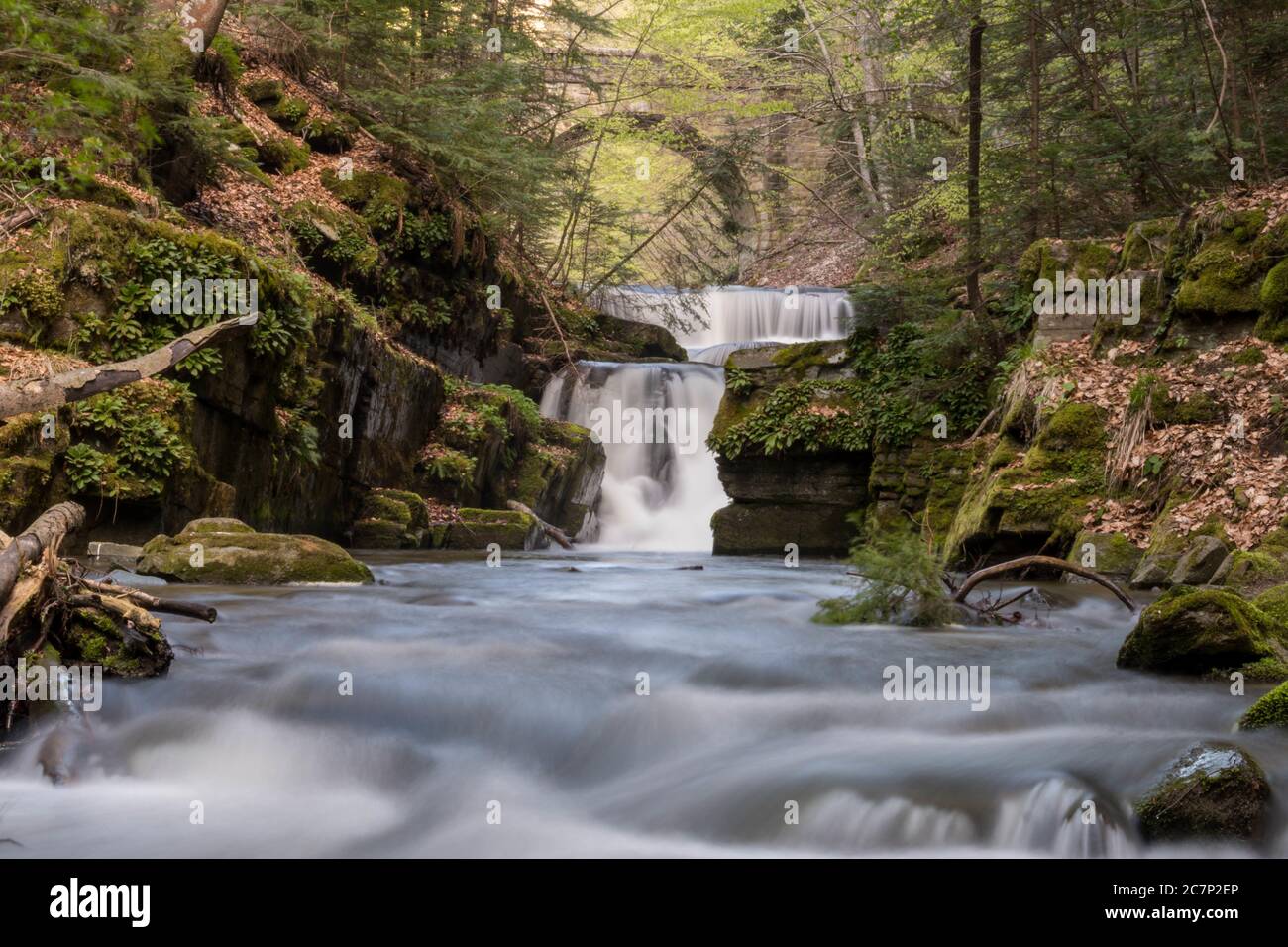 Mesmerizing scenery of the beautiful small waterfall cascade among the ...