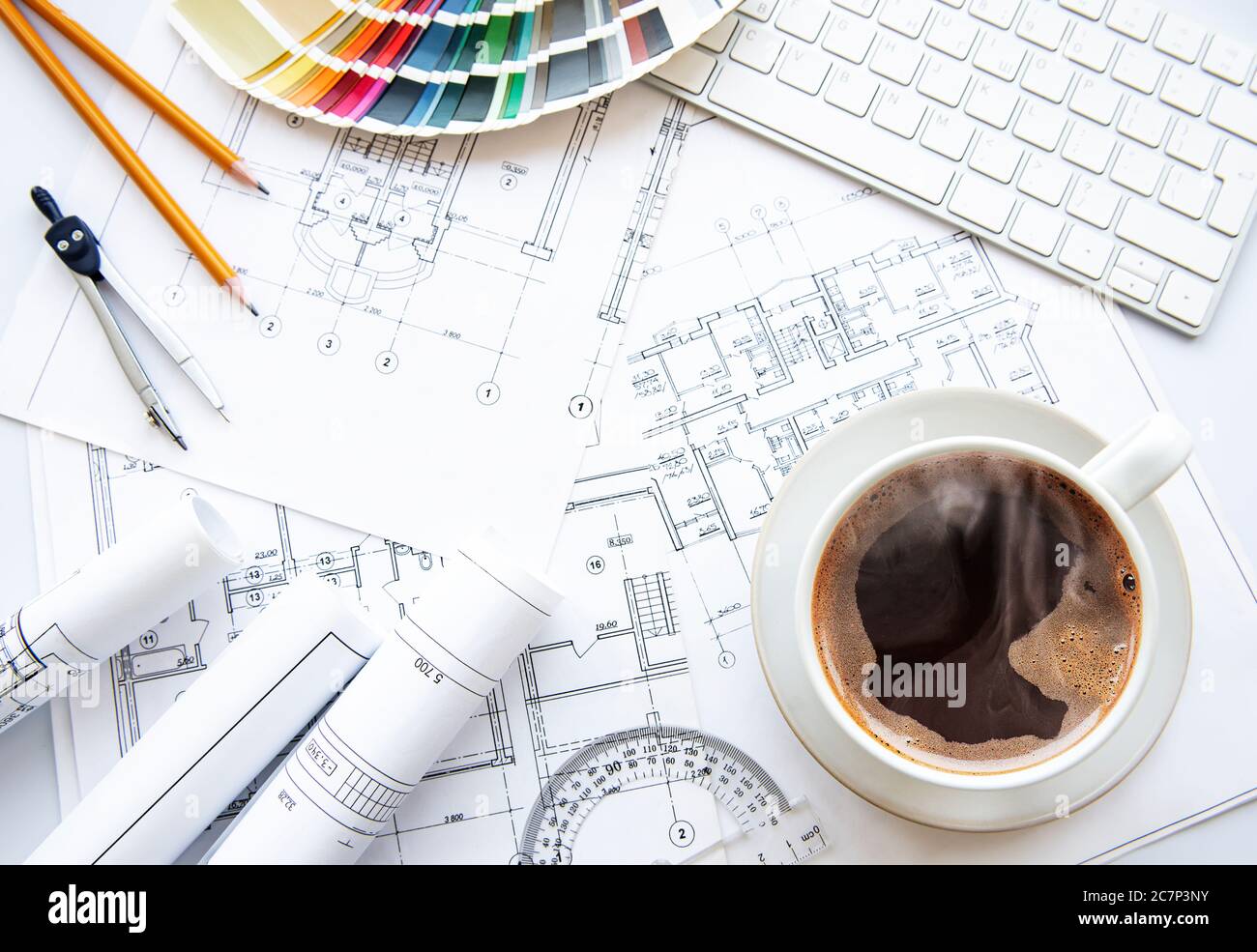 Architect workplace top view. Architectural project, blueprints ...