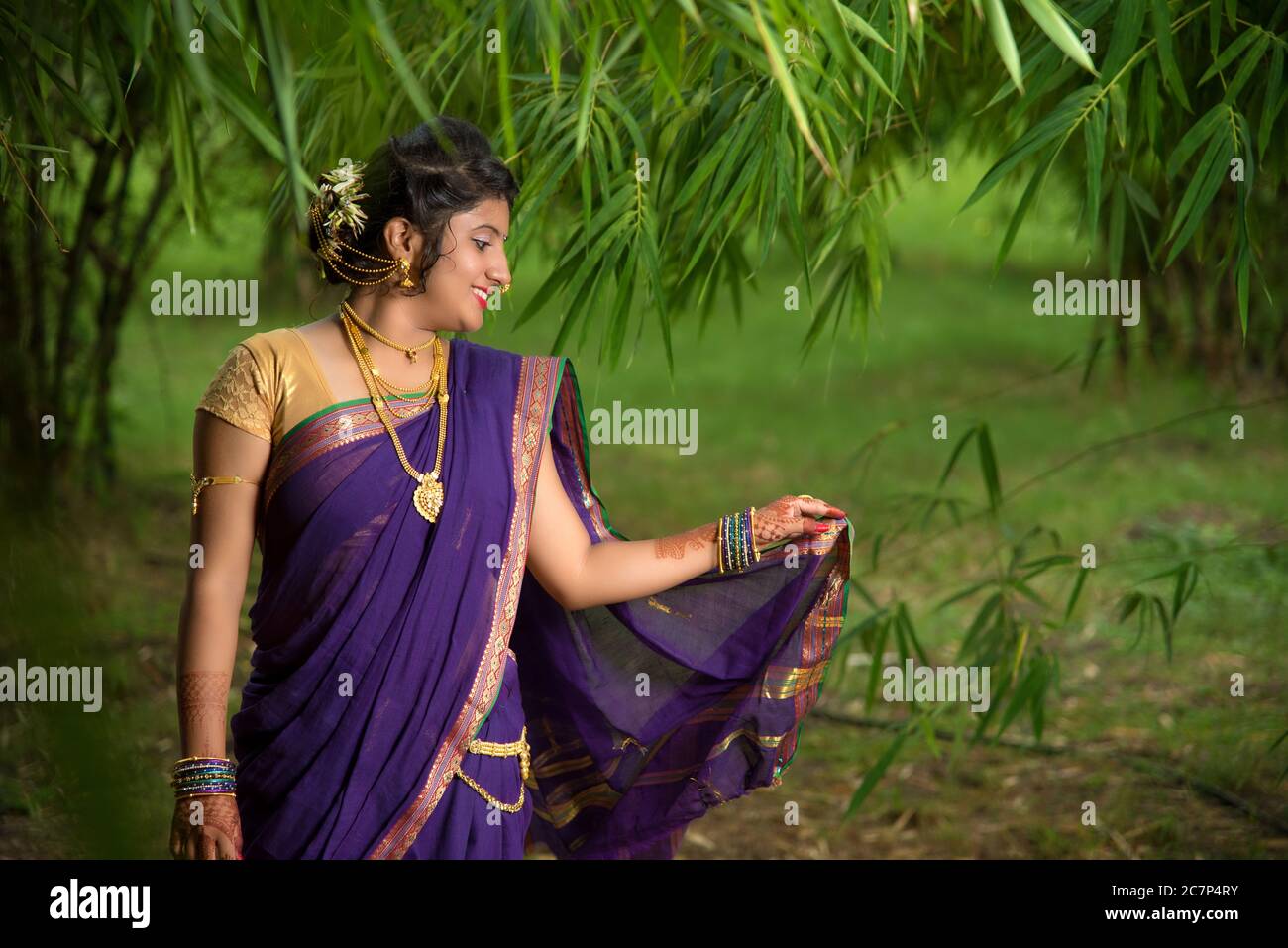 Indian Traditional Beautiful young girl in saree posing outdoors Stock ...