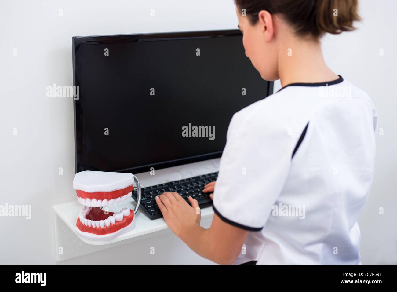 back view of female dentist working with computer in dental office ...