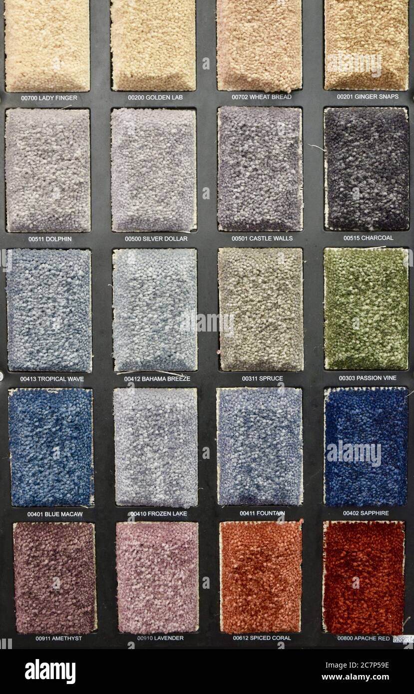 Vertical front view of small colorful rug samples for display at a ...