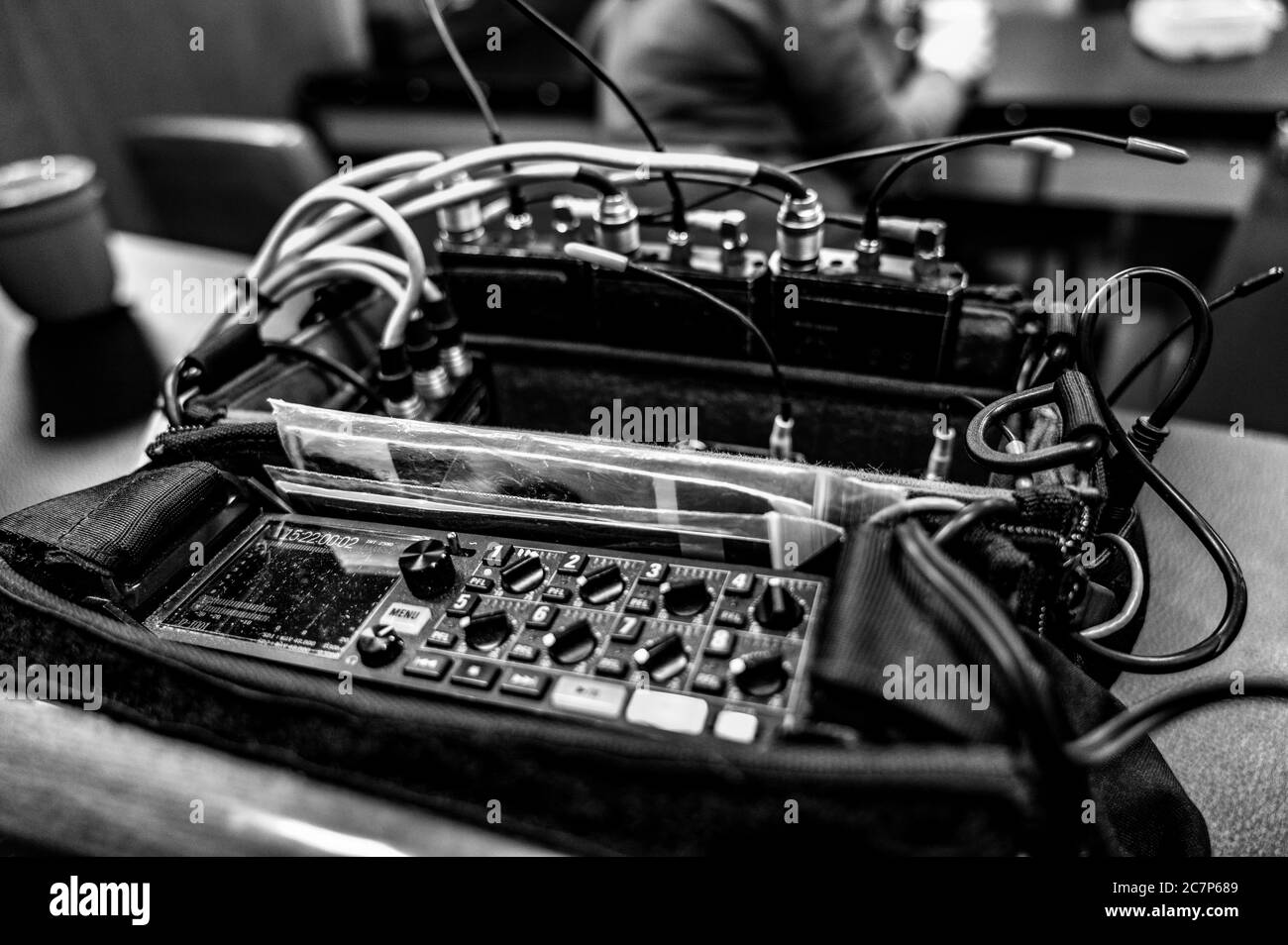 Grayscale closeup shot of a technological instrument with buttons and ...