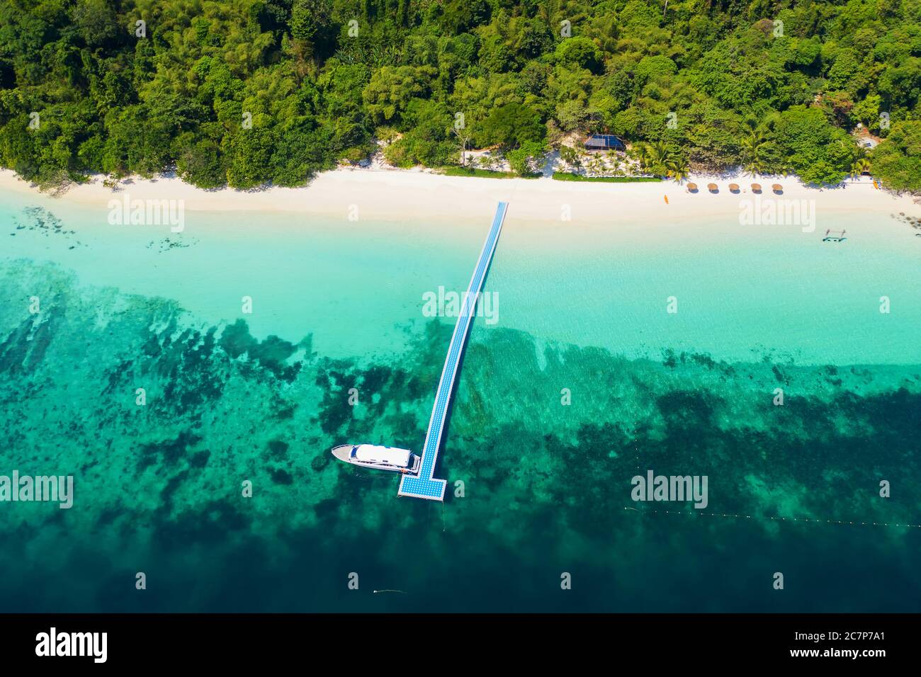 Aerial view ocean waves, beach and rocky coastline and beautiful forest ...