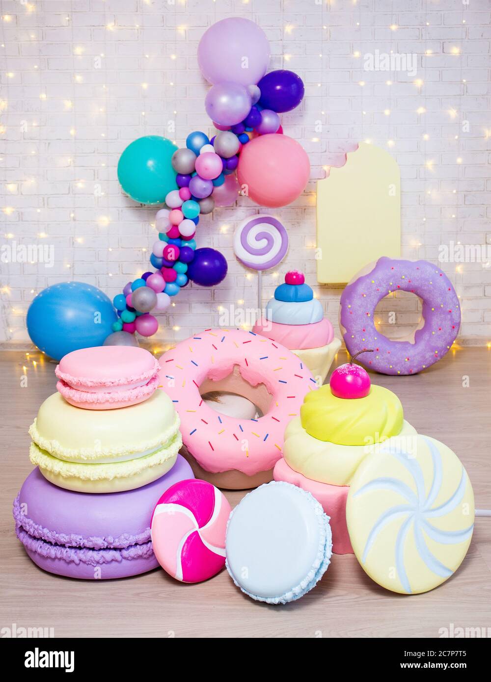 set of huge artificial sweets and pastry decorations - sweet background ...