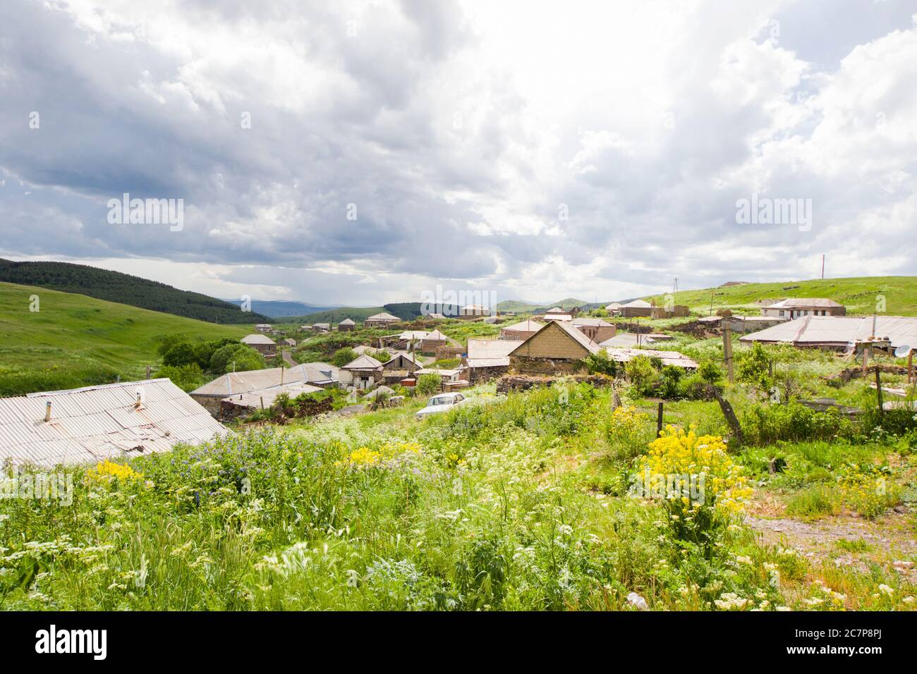The old village houses and mountain nature landscape, summer sunlight ...