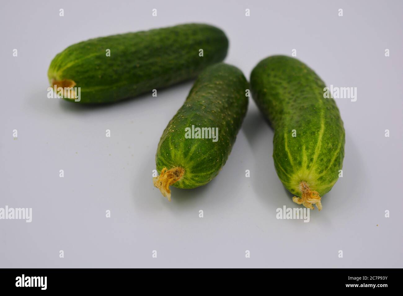 Three young juicy cucumbers, Ukrainian cucumber harvest arranged on a ...