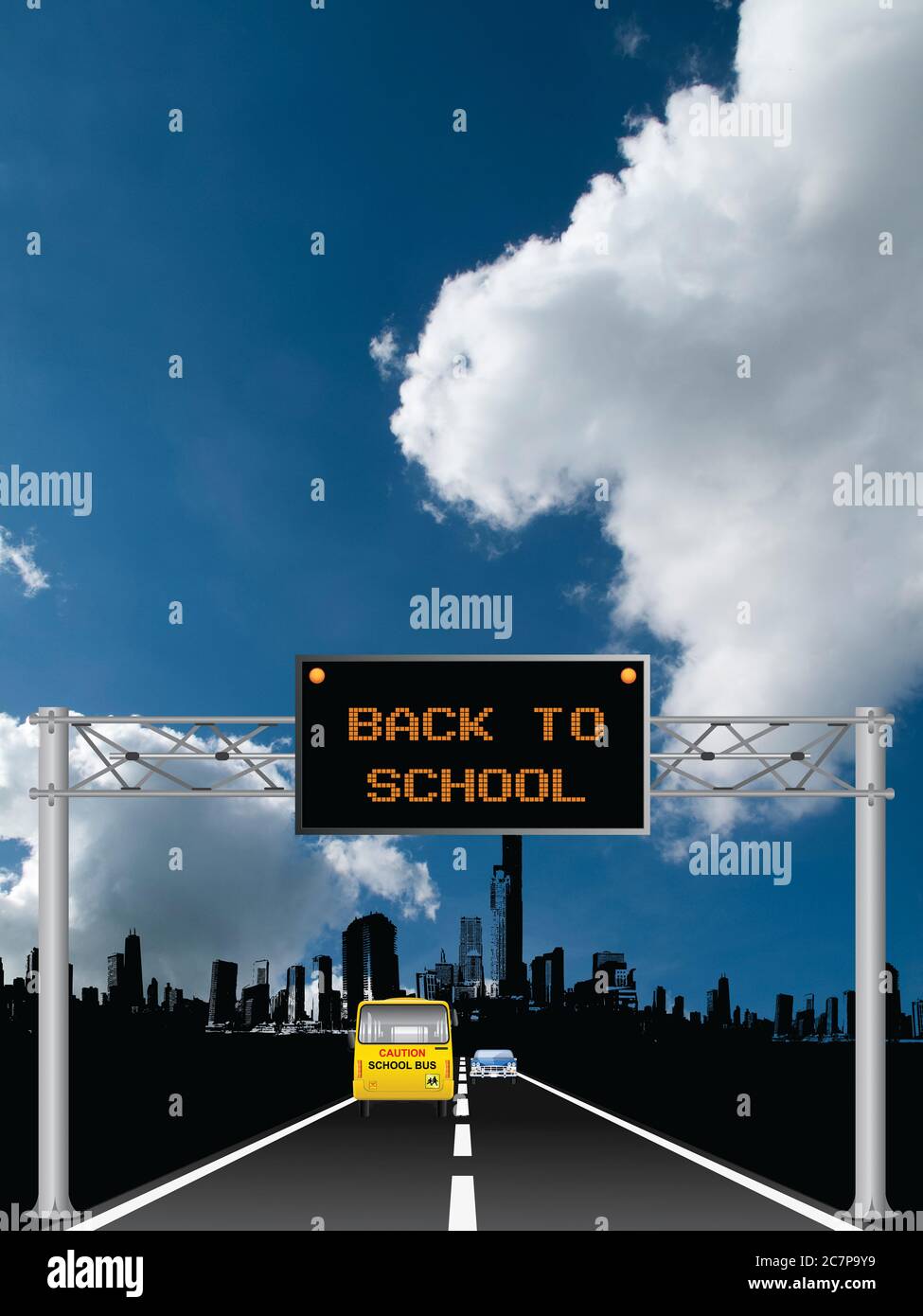 Roadway overhead digital gantry sign with back to school message set ...