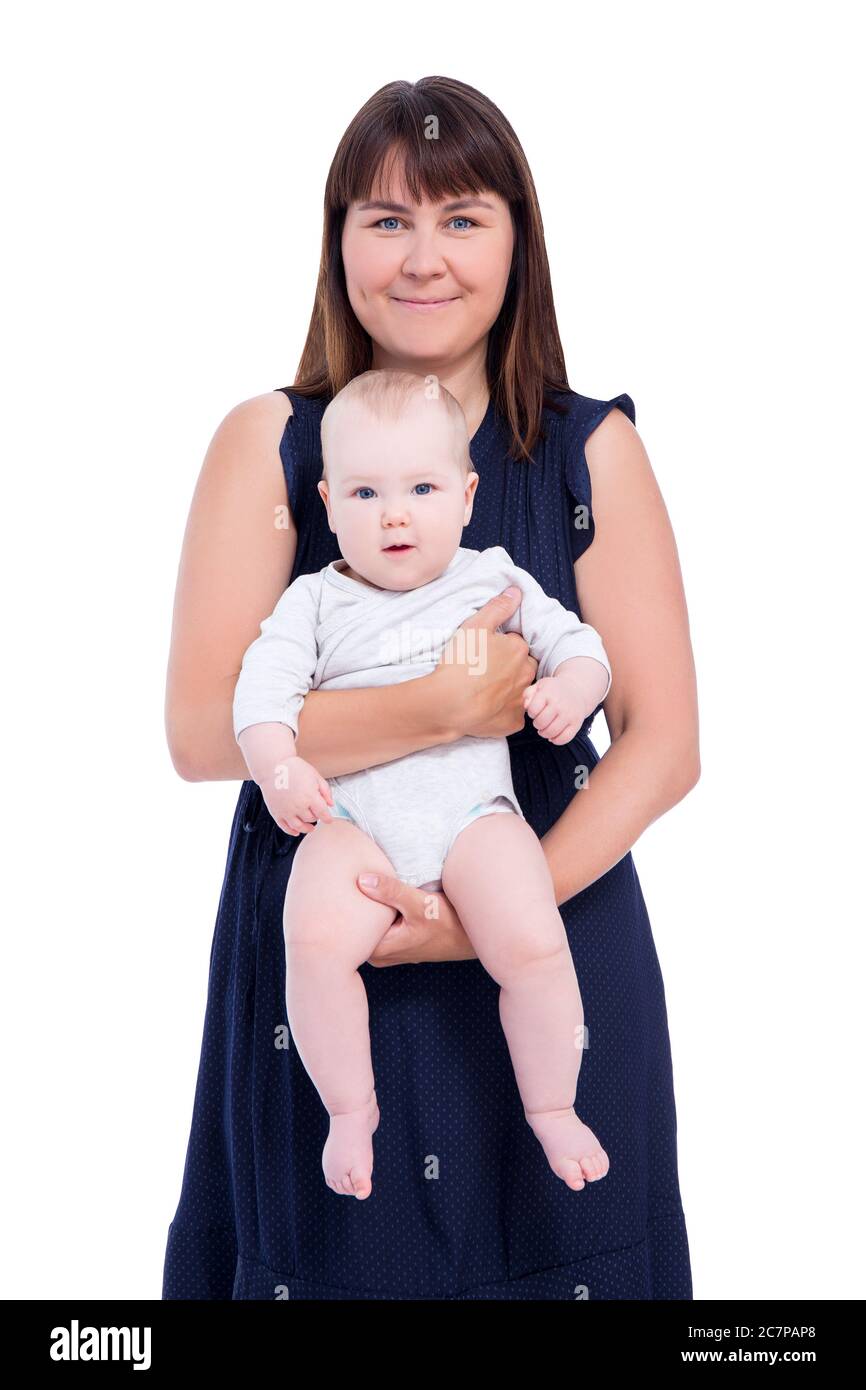 portrait of young mother with little baby isolated on white background ...