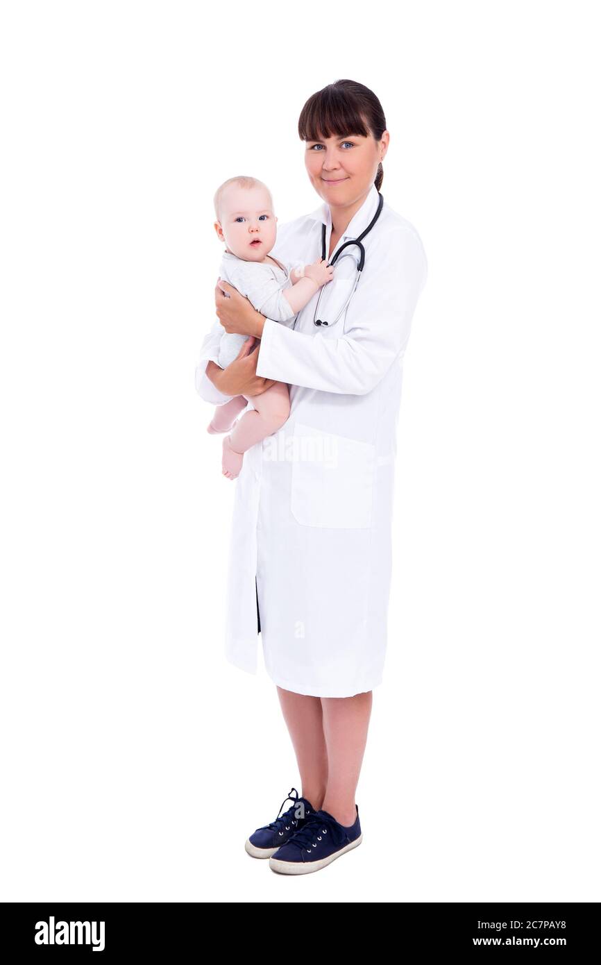 full length portrait of female doctor pediatrician with little baby ...