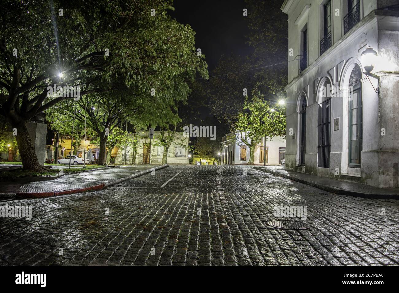 Night view of the old buildings and trees of a small town Stock Photo ...