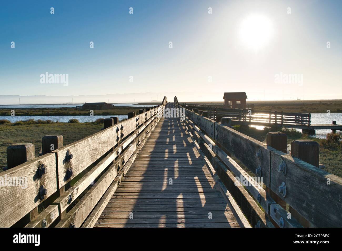 Wooden bridge and cabin landscape, Don Edwards San Francisco Bay ...