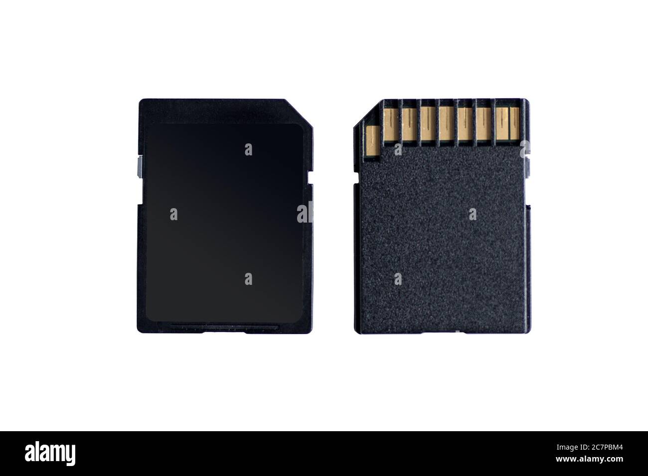 back and front view of black sd memory card isolated on white ...