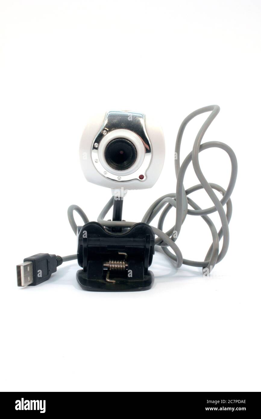 Vertical shot of webcam with microphone isolated on white background ...