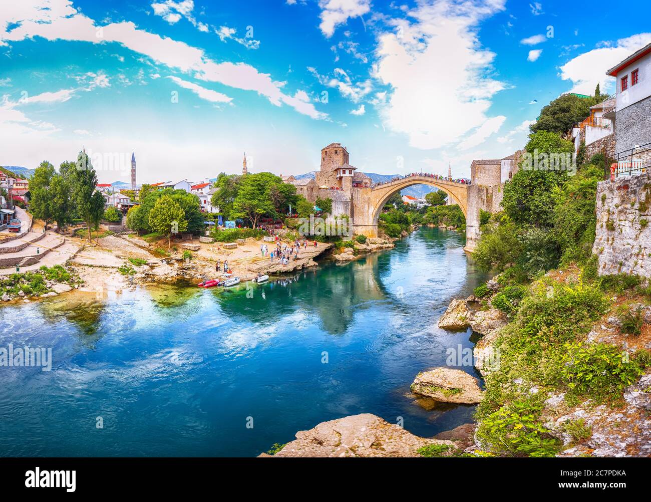 Fantastic Skyline of Mostar with the Mostar Bridge, houses and minarets ...