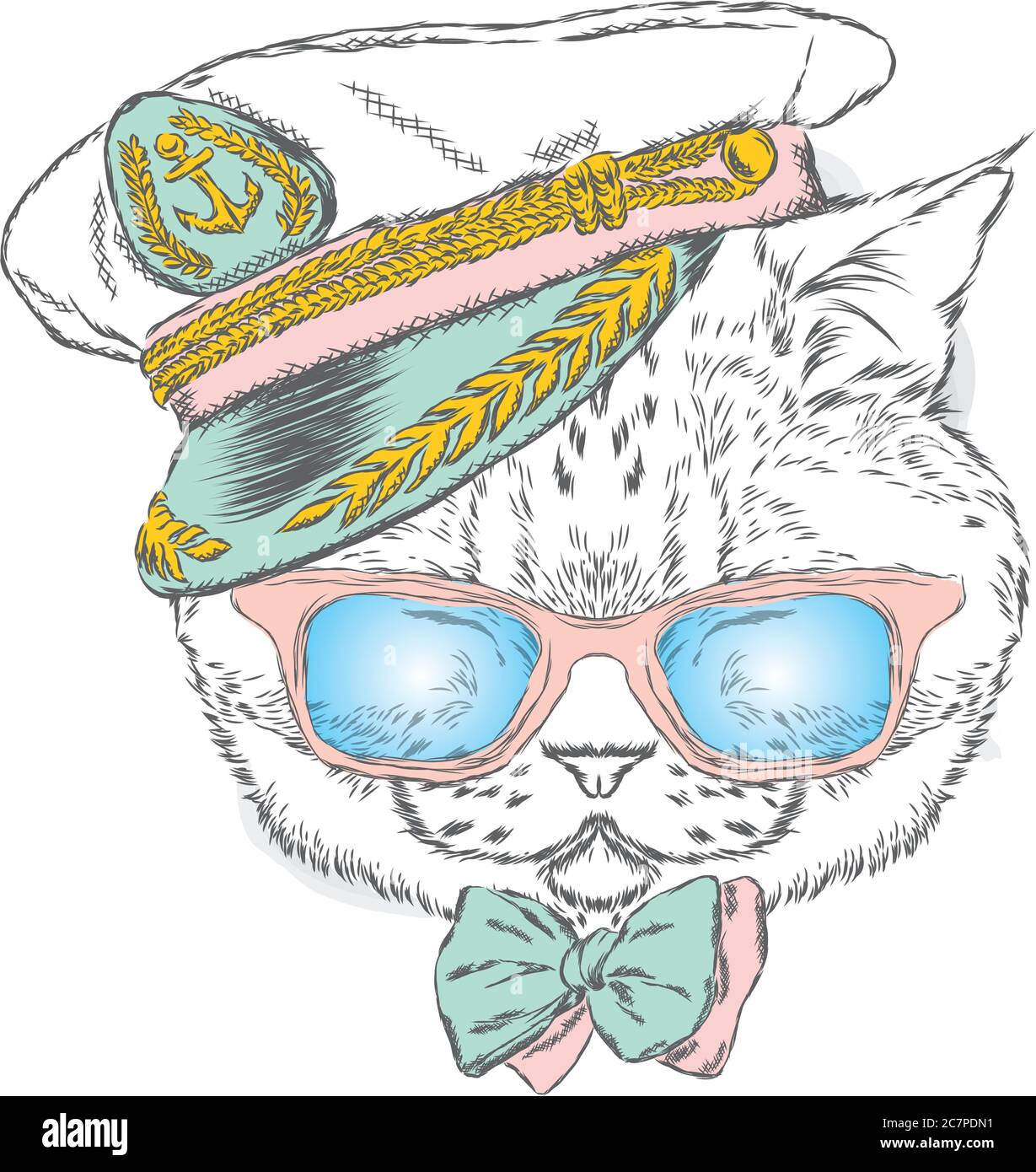 Funny cat in the captain's cap. Vector illustration Stock Vector Image ...