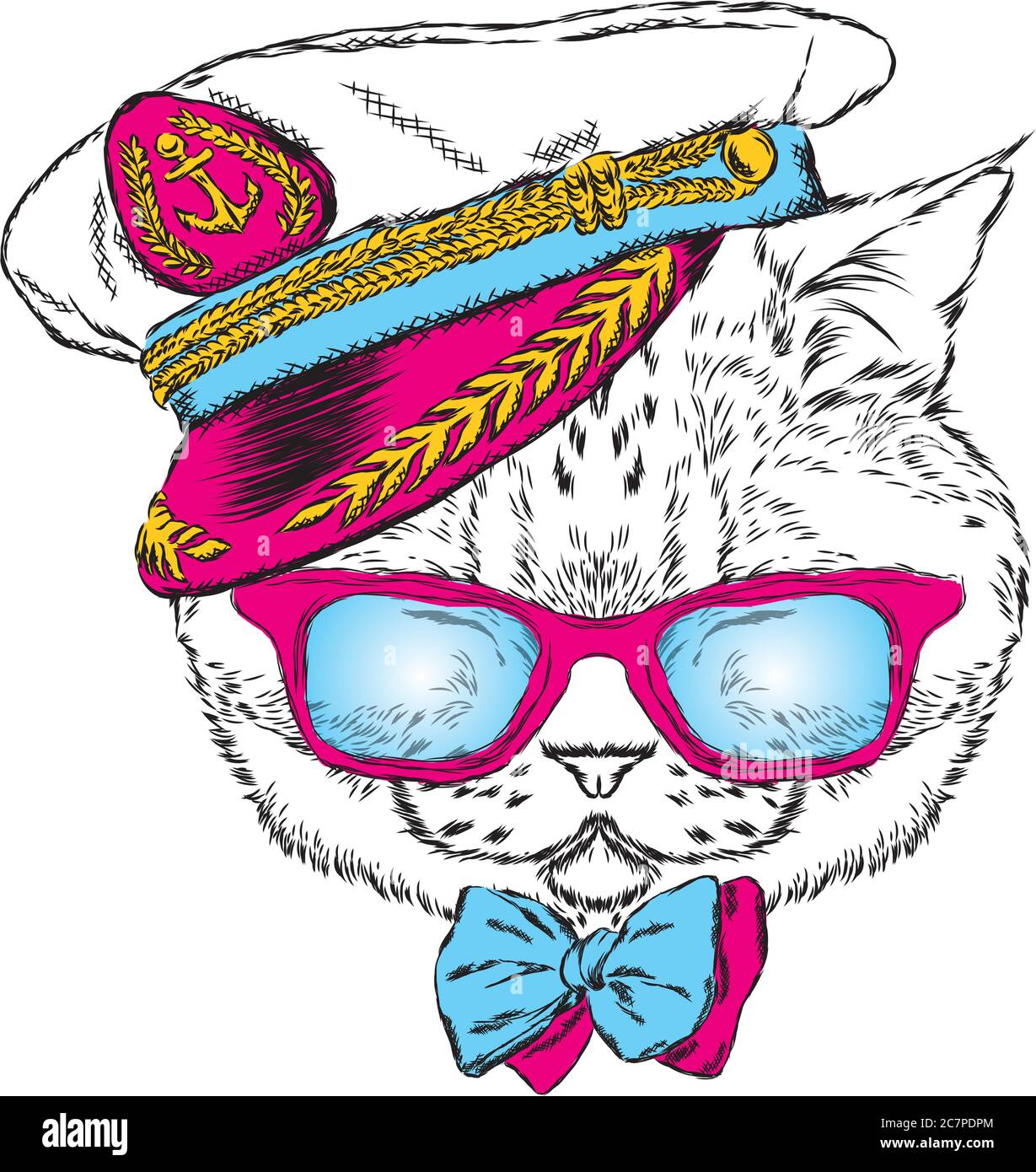 Funny cat in the captain's cap. Vector illustration Stock Vector Image ...