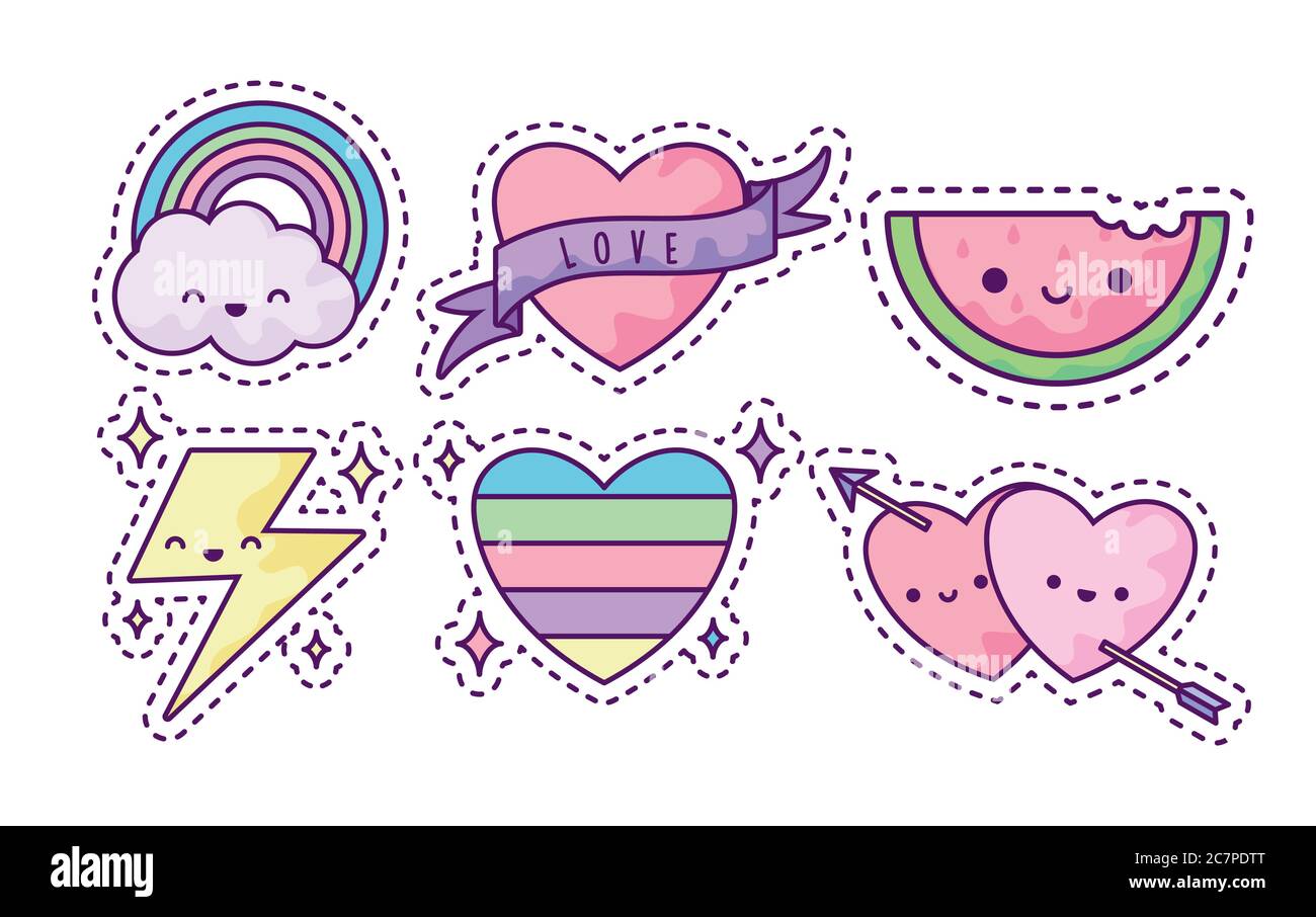 set of fashion patches, fun cartoon icons vector illustration design ...
