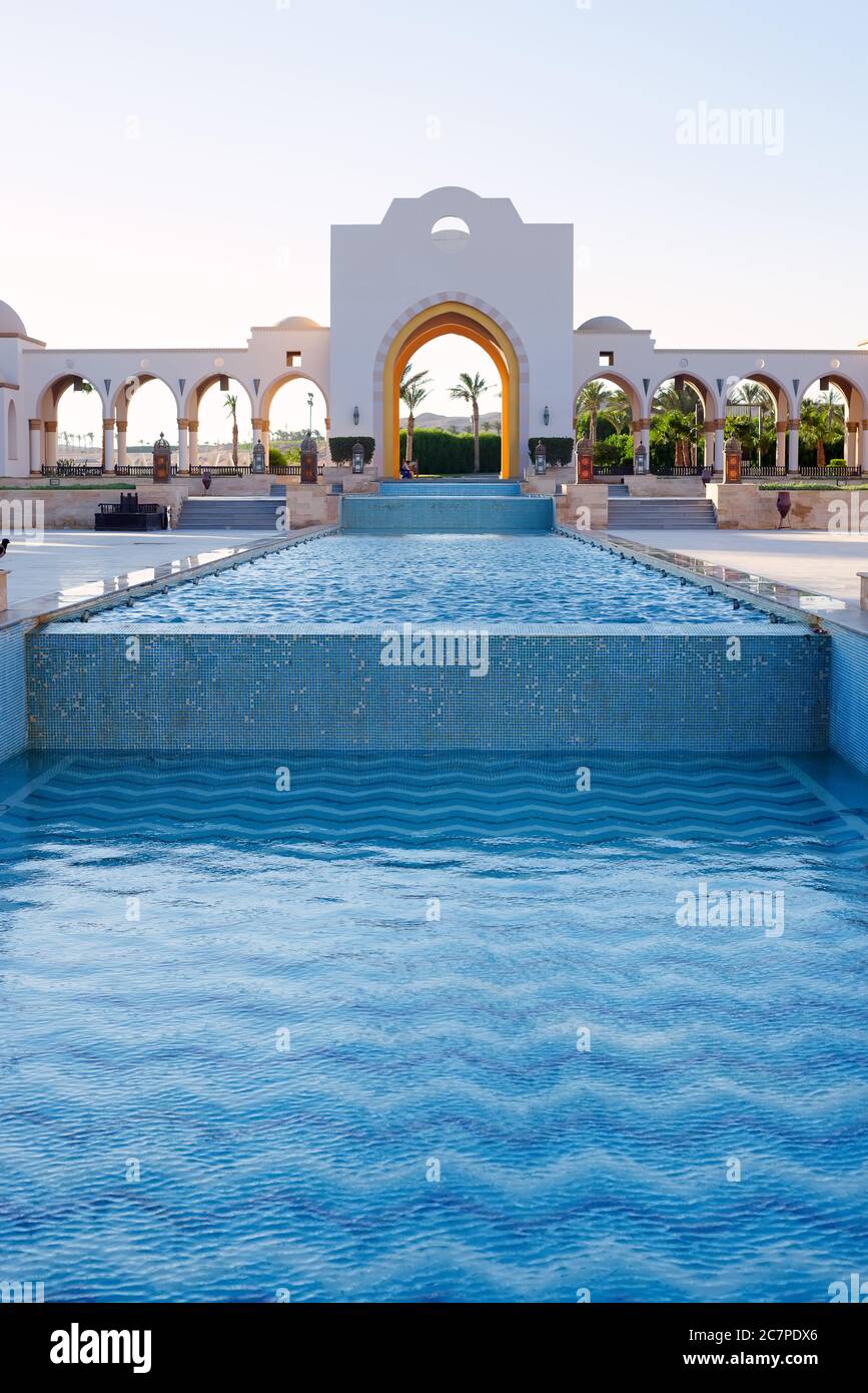 Beautiful Square of colored fountains with clear blue water and ...
