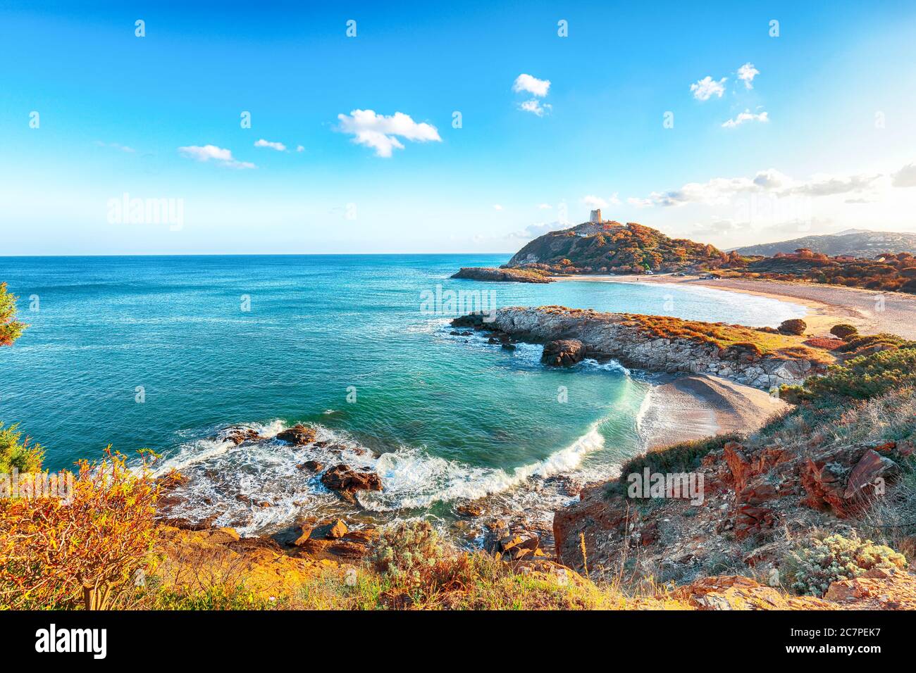 View of beautiful Chia bay and wonderful beach with Torre di Chia tower ...