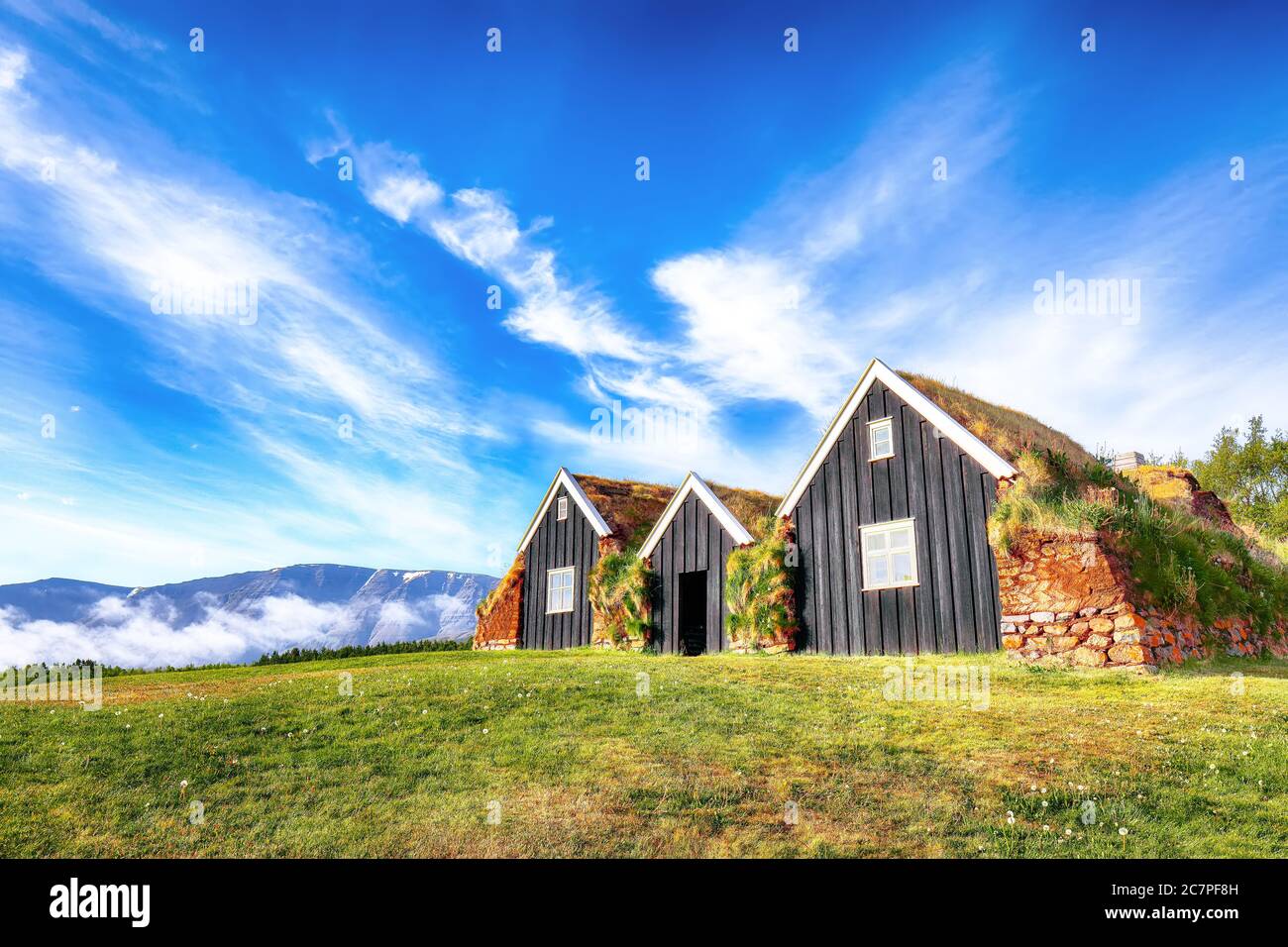 Traditional Icelandic turf houses in the town of Holar. Location: Holar ...