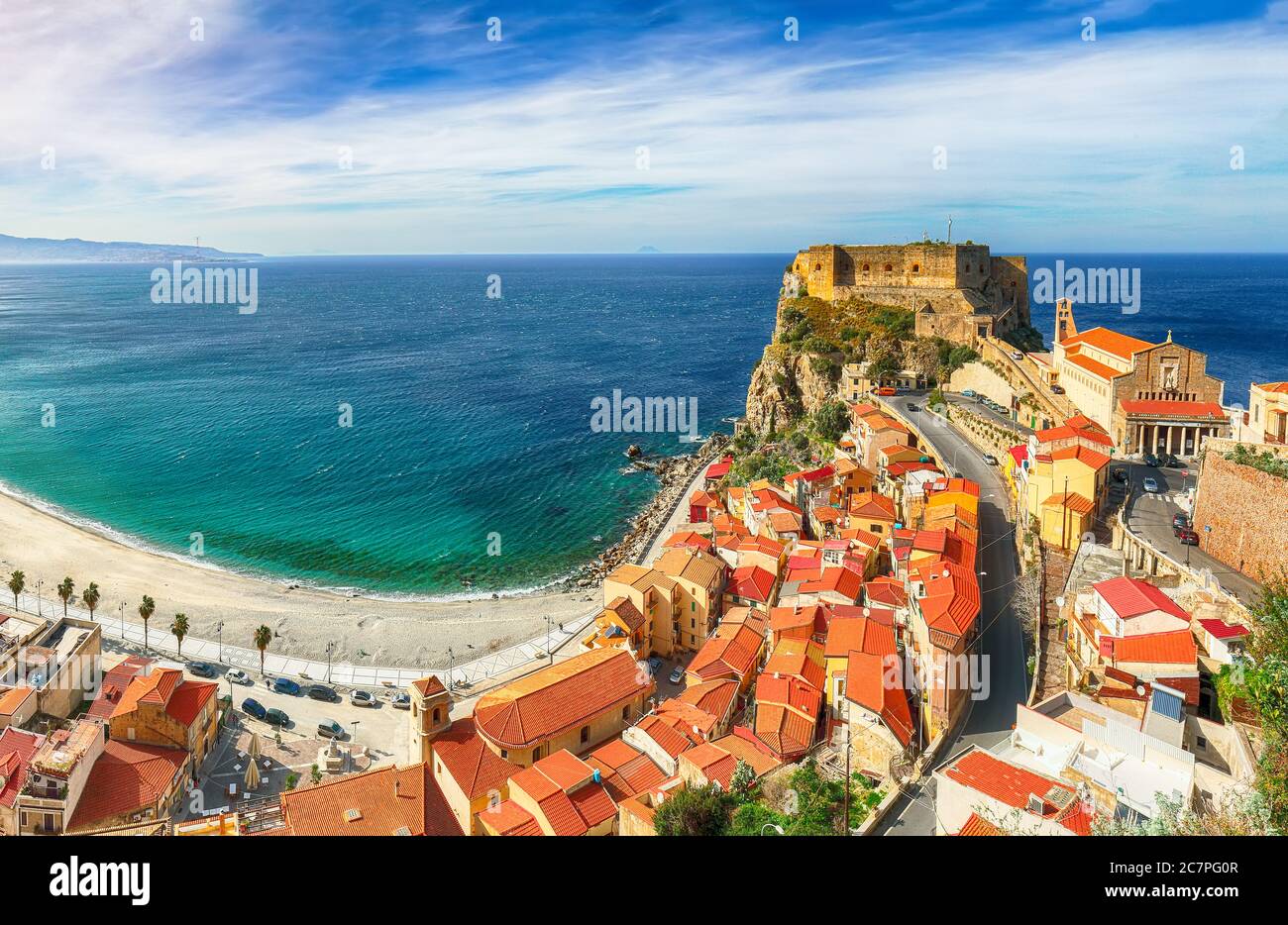 Beautiful seaside town village Scilla with old medieval castle on rock ...