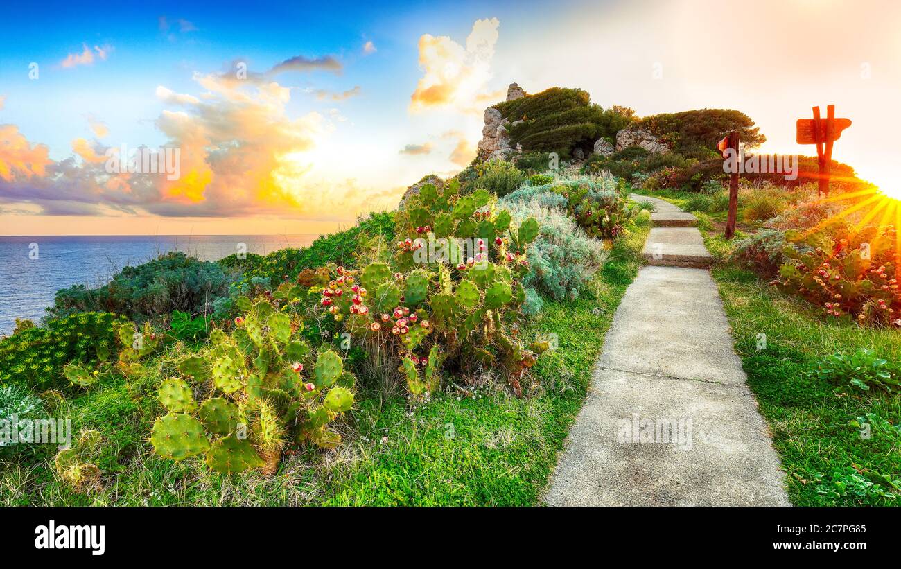 Dramatic spring sunset on the the cape Milazzo panorama of nature ...