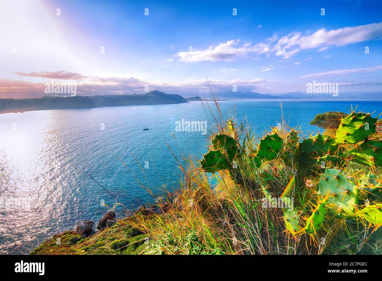 Dramatic spring sunset on the the cape Milazzo panorama of nature ...