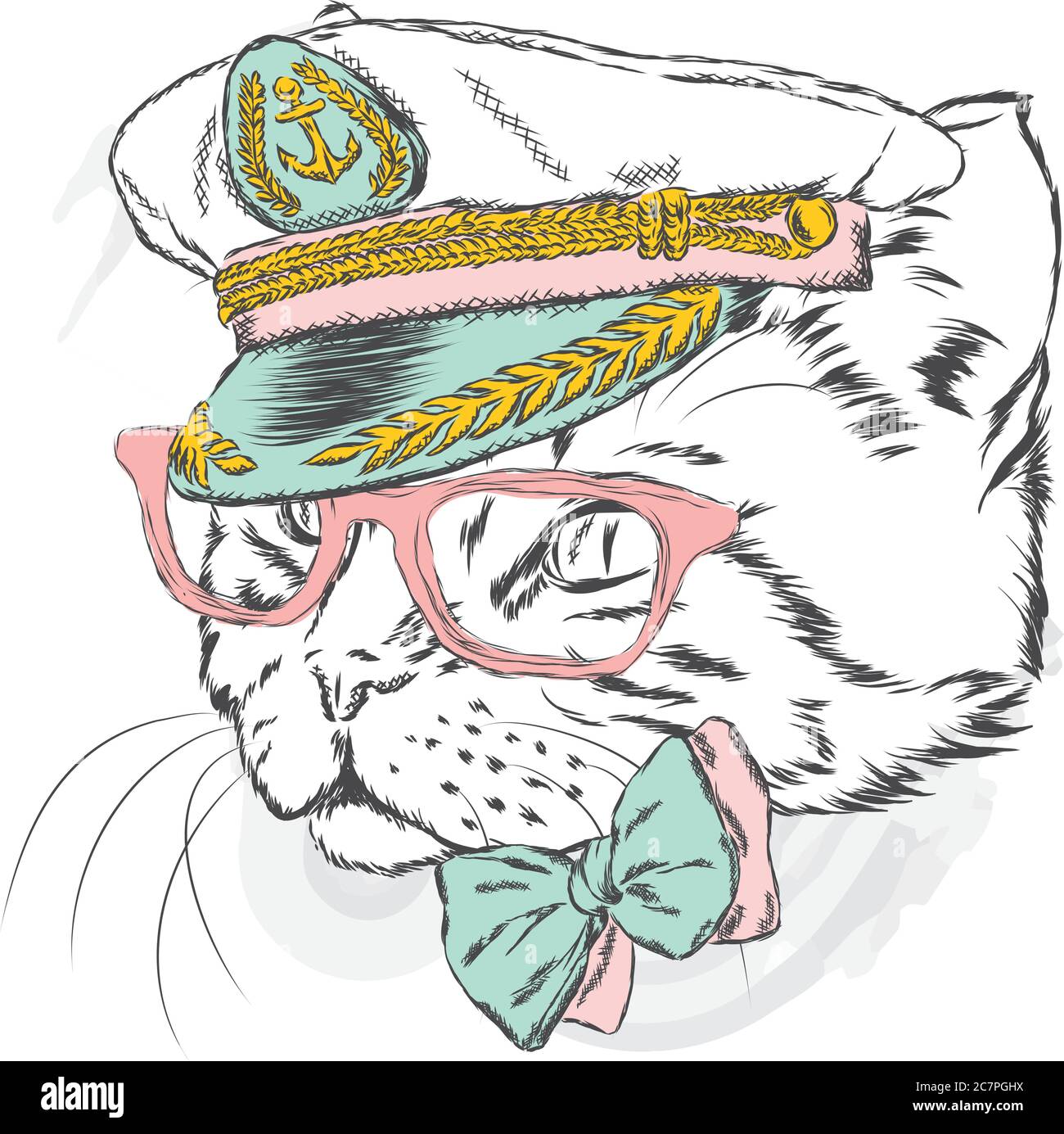 Funny cat in the captain's cap. Vector illustration Stock Vector Image ...