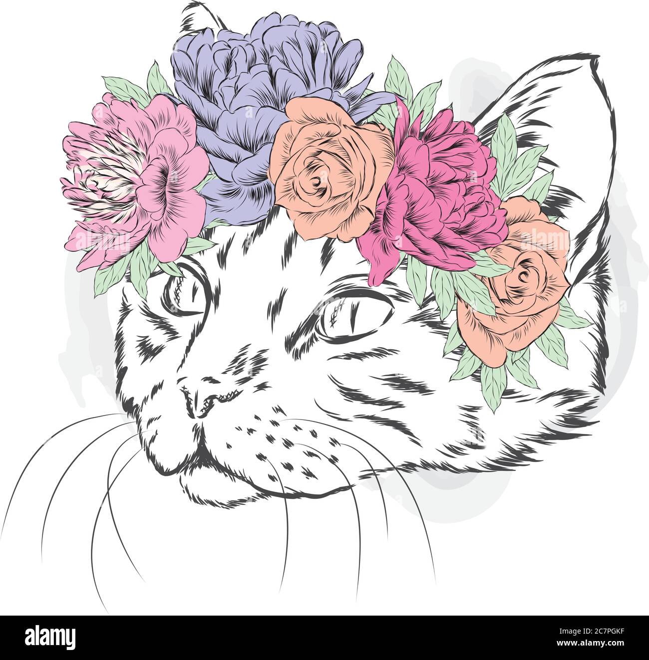 Cute kitten in a flower wreath. Vector illustration Stock Vector Image ...