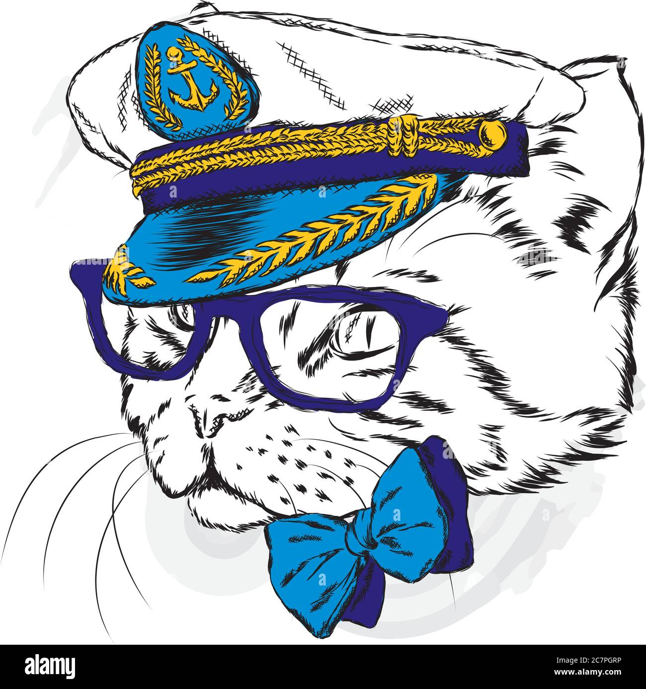 Funny cat in the captain's cap. Vector illustration Stock Vector Image ...