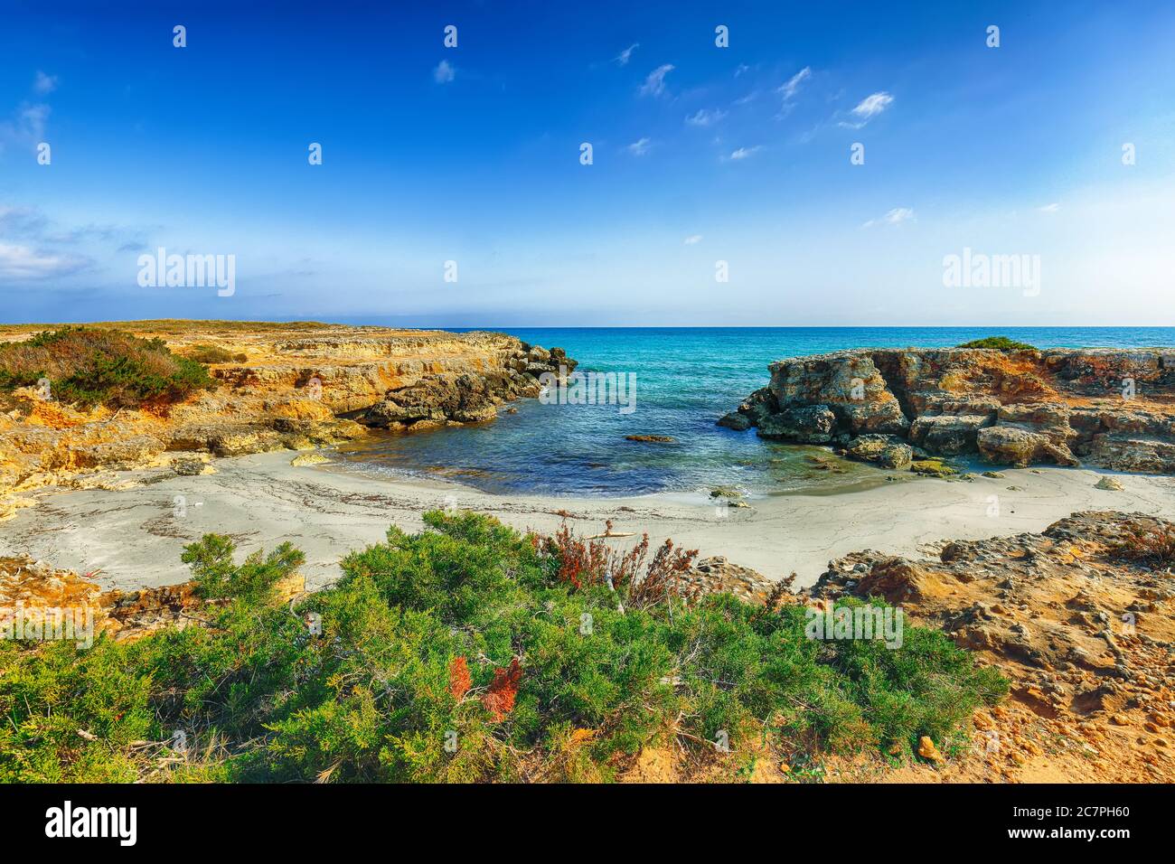 Picturesque seascape with white rocky cliffs, sea bay, islets and ...