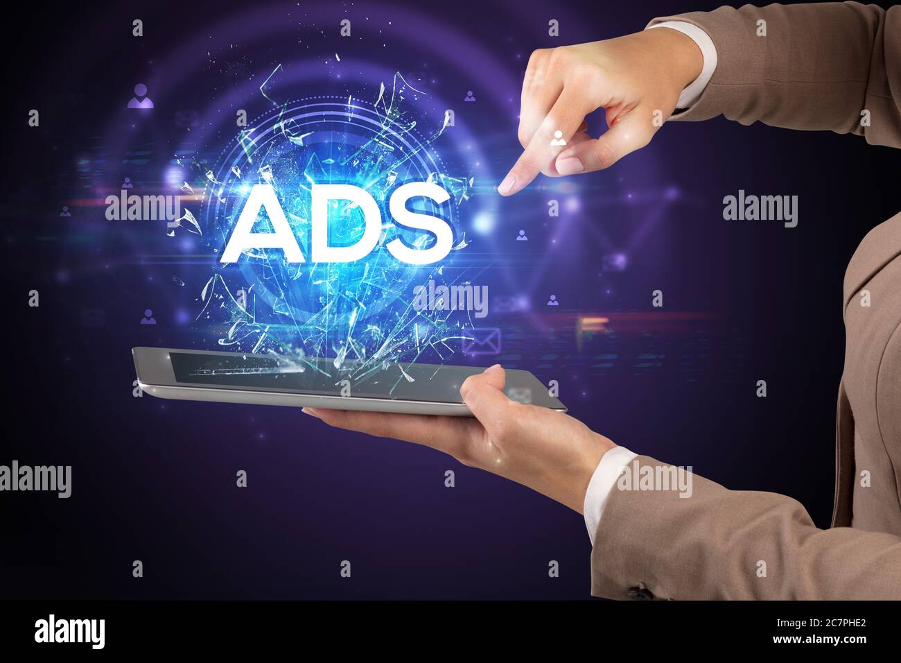 Close-up of a touchscreen with ADS abbreviation, modern technology ...