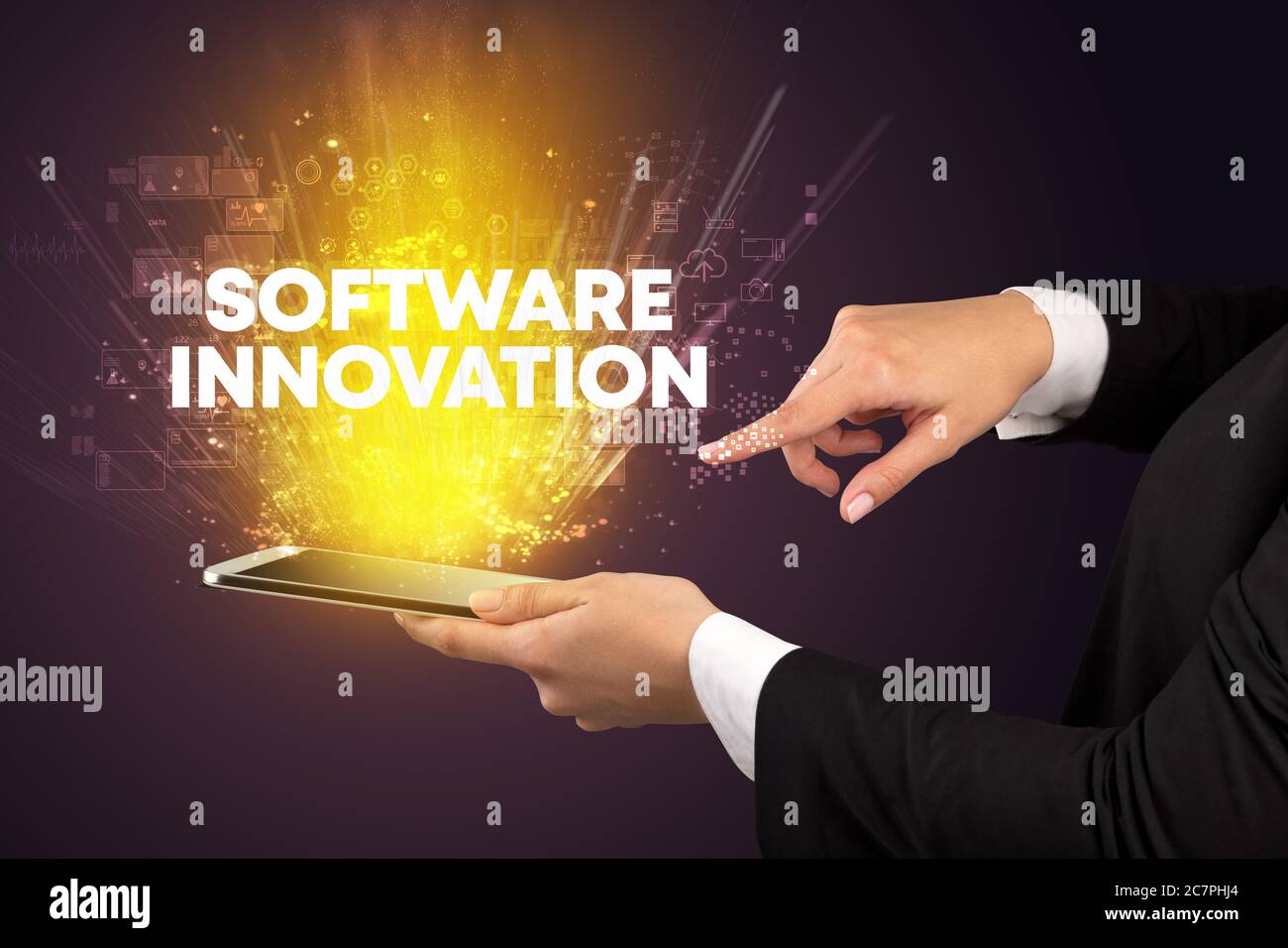 Close-up of a touchscreen with SOFTWARE INNOVATION inscription ...