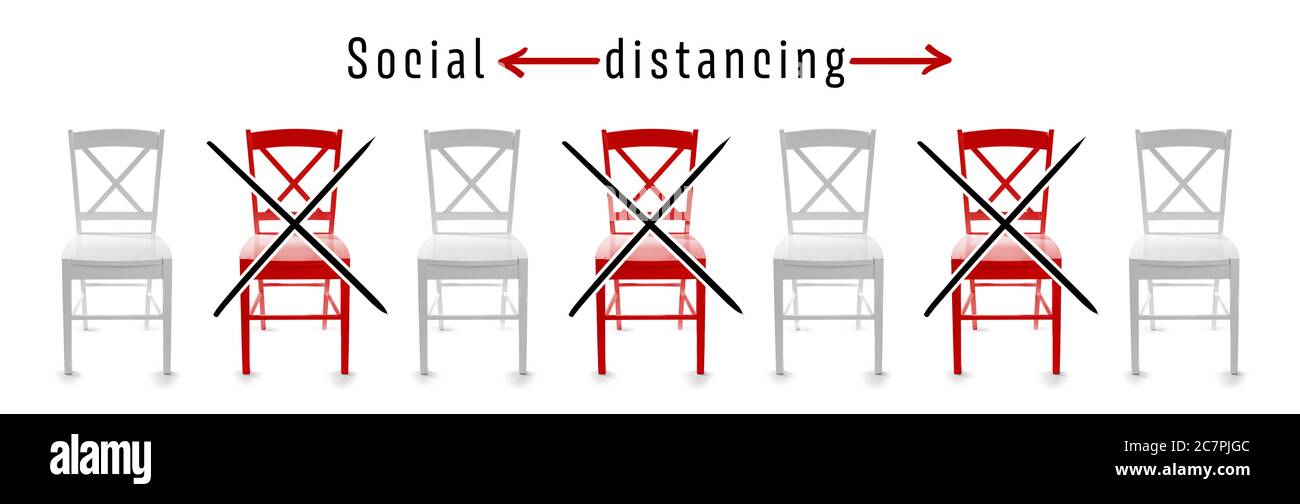 Empty chairs on white background. Concept of social distance during ...