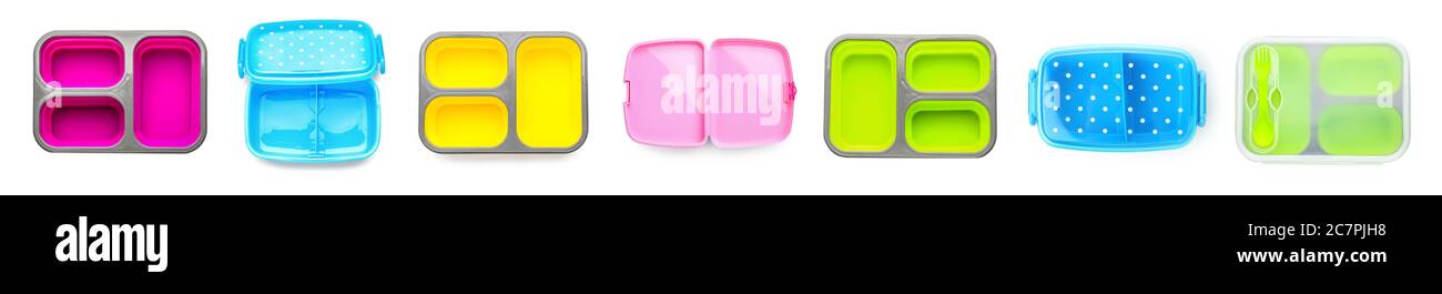Plastic lunch boxes on white background Stock Photo - Alamy