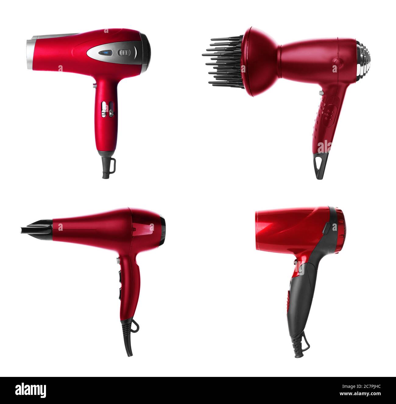 Different hair dryers on white background Stock Photo - Alamy