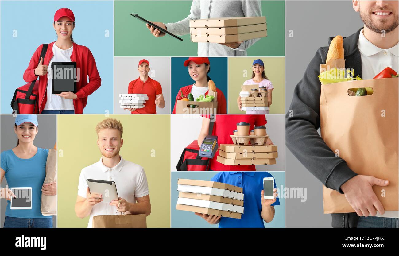 Set of food delivery service couriers Stock Photo - Alamy