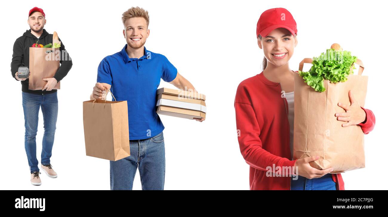 Couriers of food delivery service on white background Stock Photo - Alamy