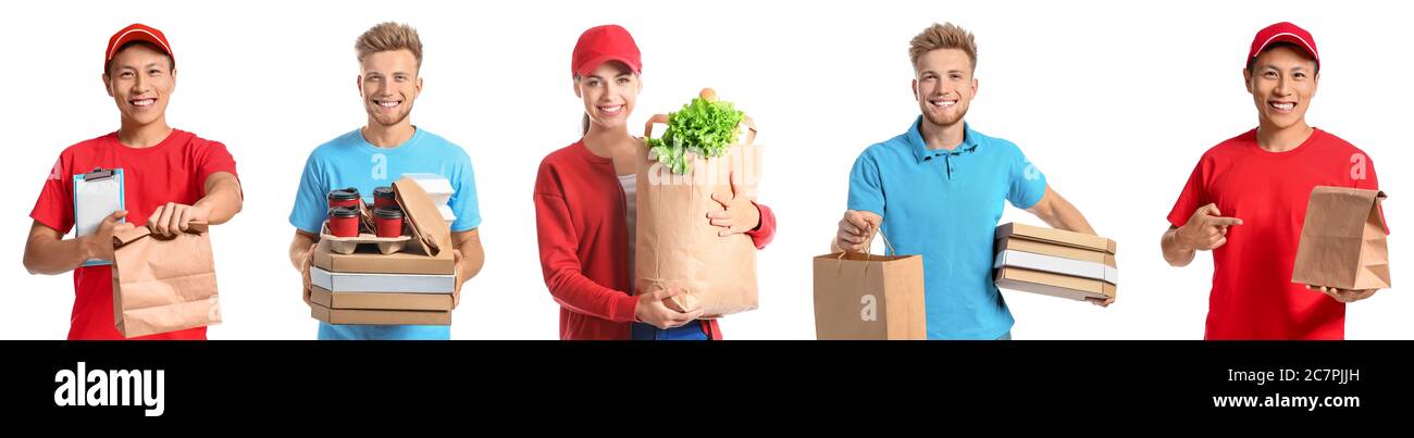 Set of food delivery service couriers on white background Stock Photo ...