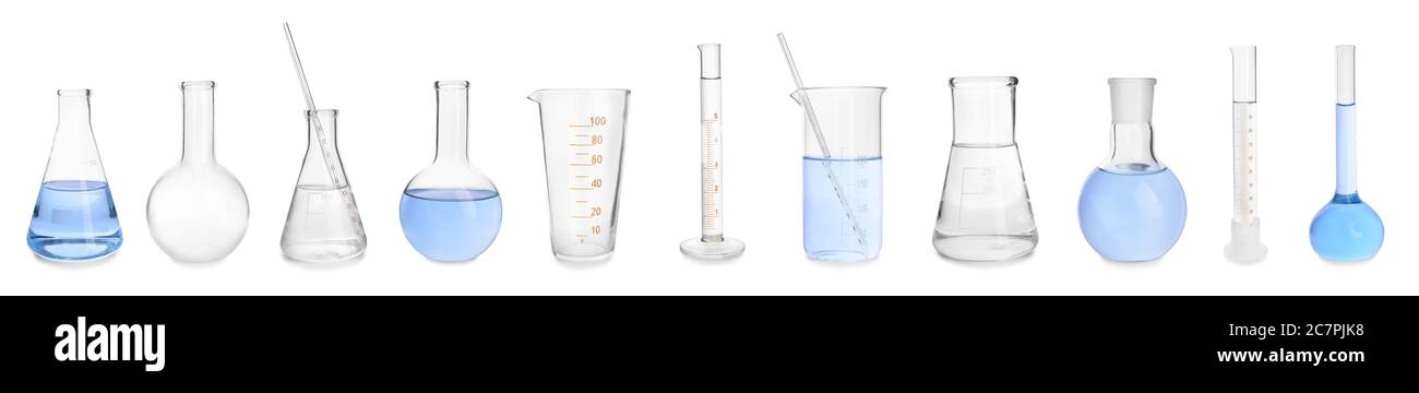 Set of laboratory glassware on white background Stock Photo - Alamy