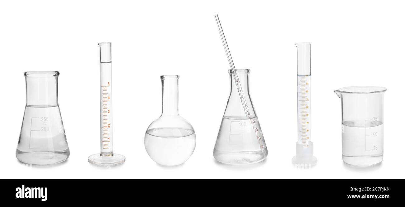 Set of laboratory glassware on white background Stock Photo - Alamy