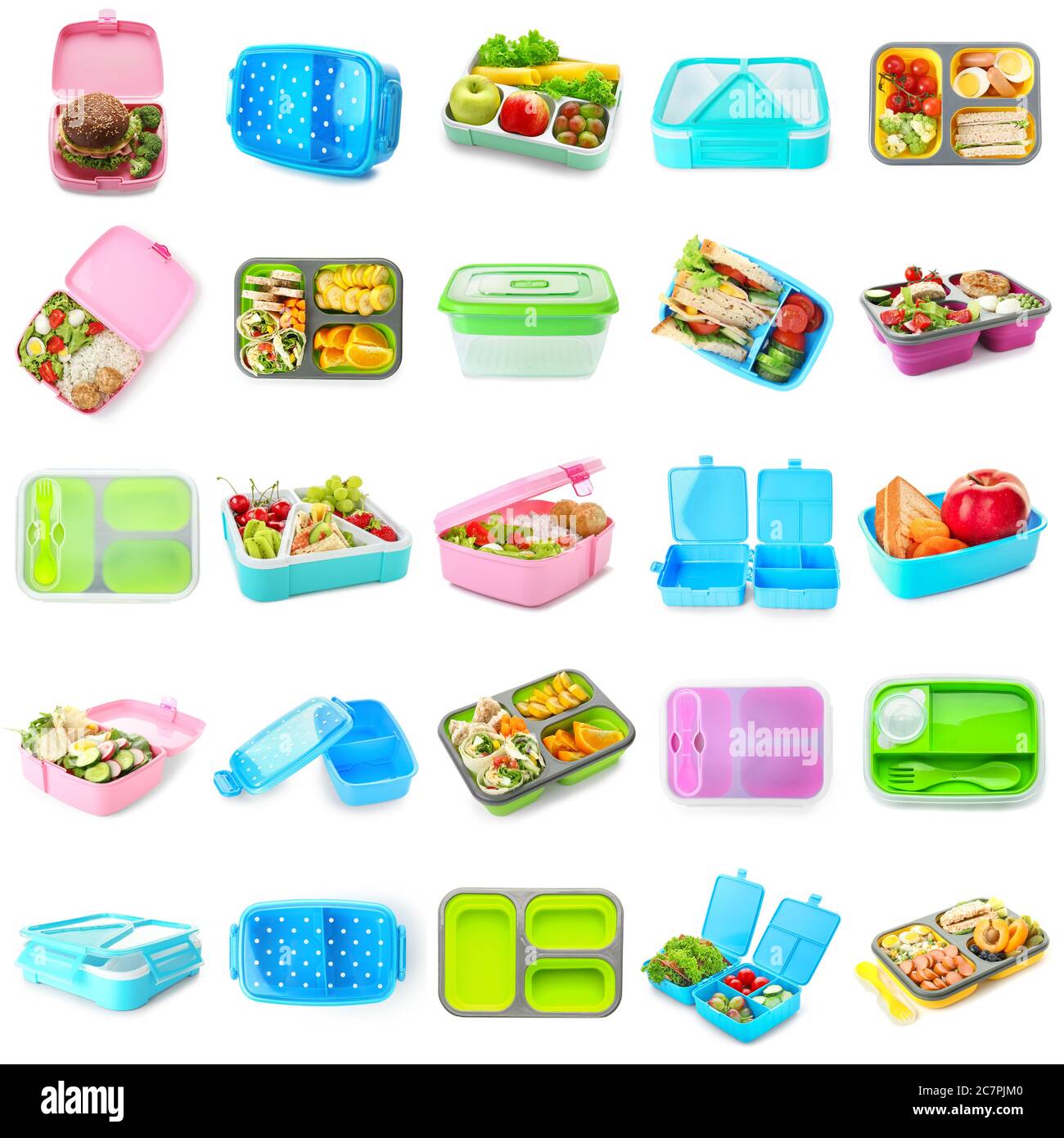 Plastic lunch boxes with tasty food on white background Stock Photo - Alamy