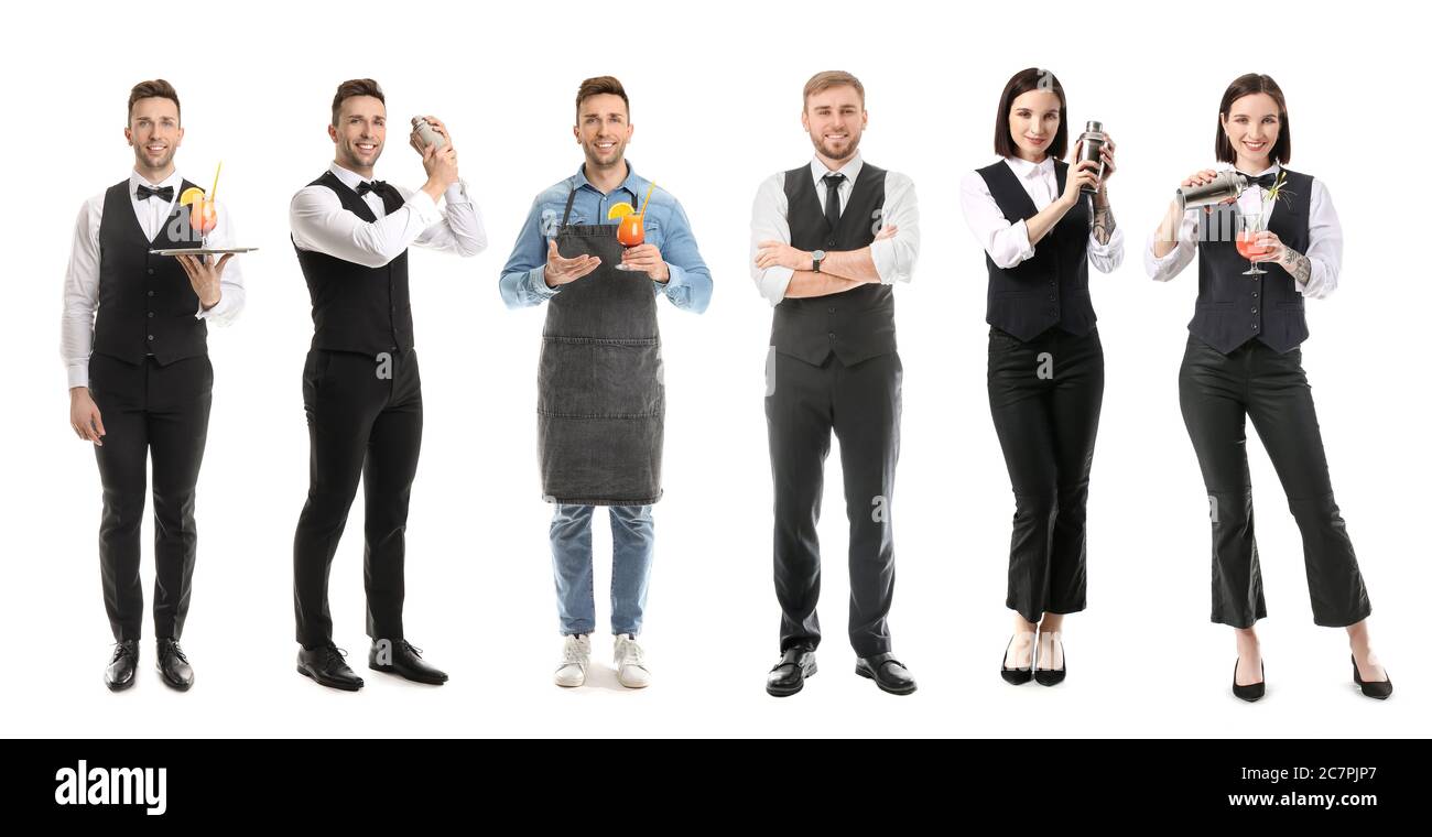 Female and male bartenders on white background Stock Photo - Alamy