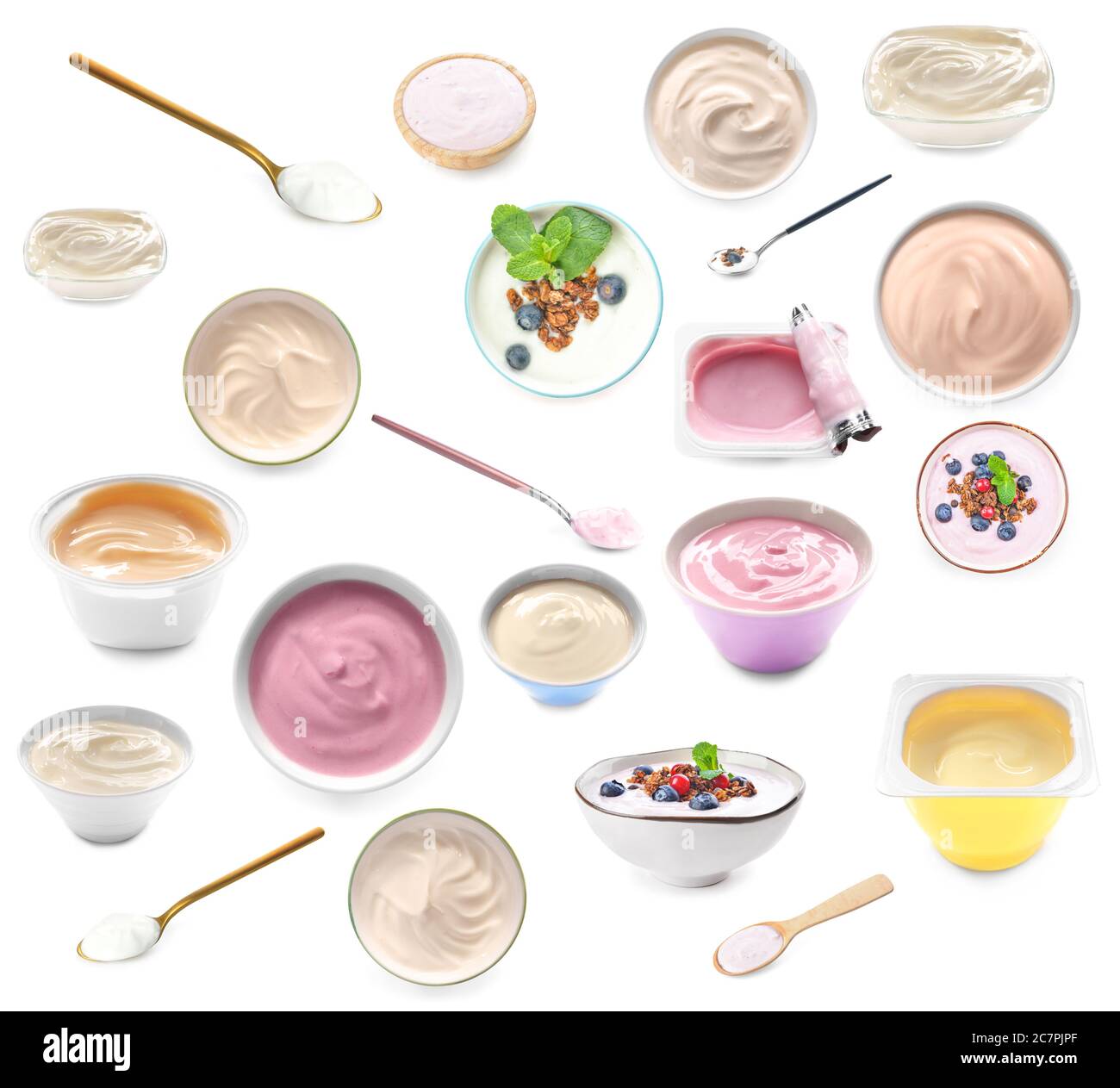 Different tasty yogurts on white background Stock Photo - Alamy