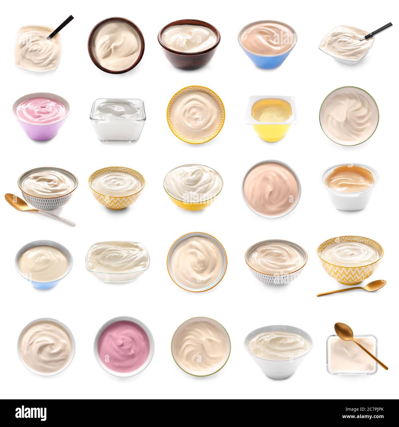 Different tasty yogurts on white background Stock Photo - Alamy