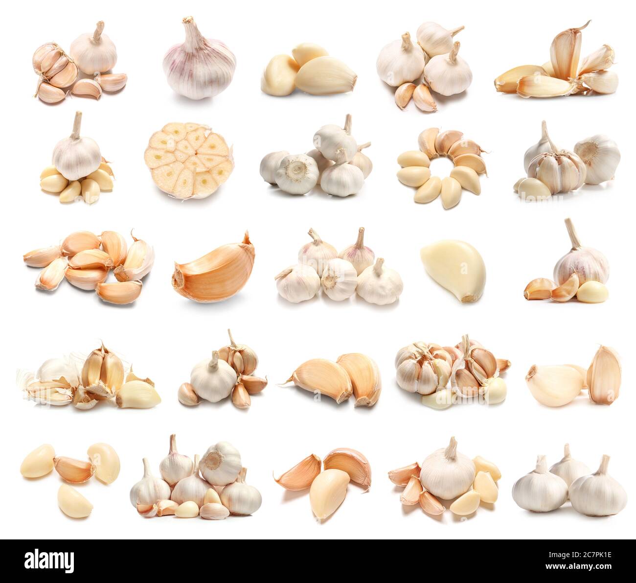 Many fresh garlic on white background Stock Photo - Alamy