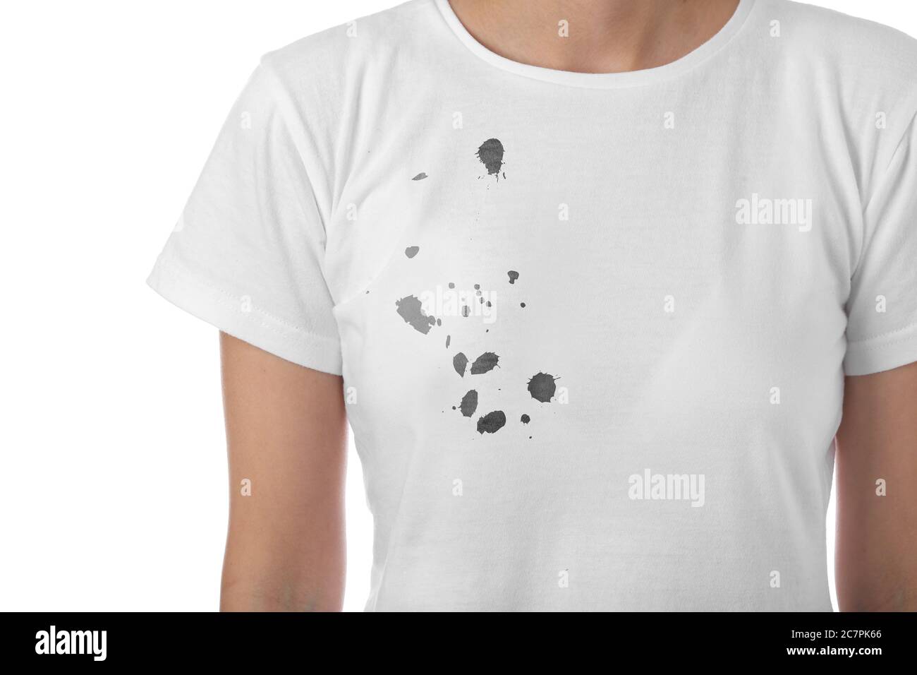 Young woman in dirty clothes on white background Stock Photo - Alamy